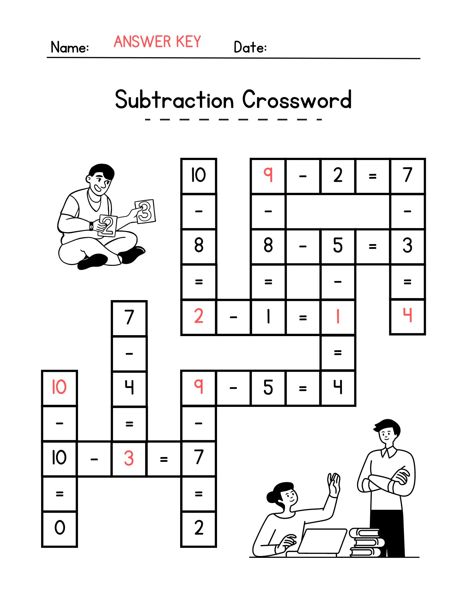 Subtraction Crossword Math Printable Activity - Learn Math Subtraction ...