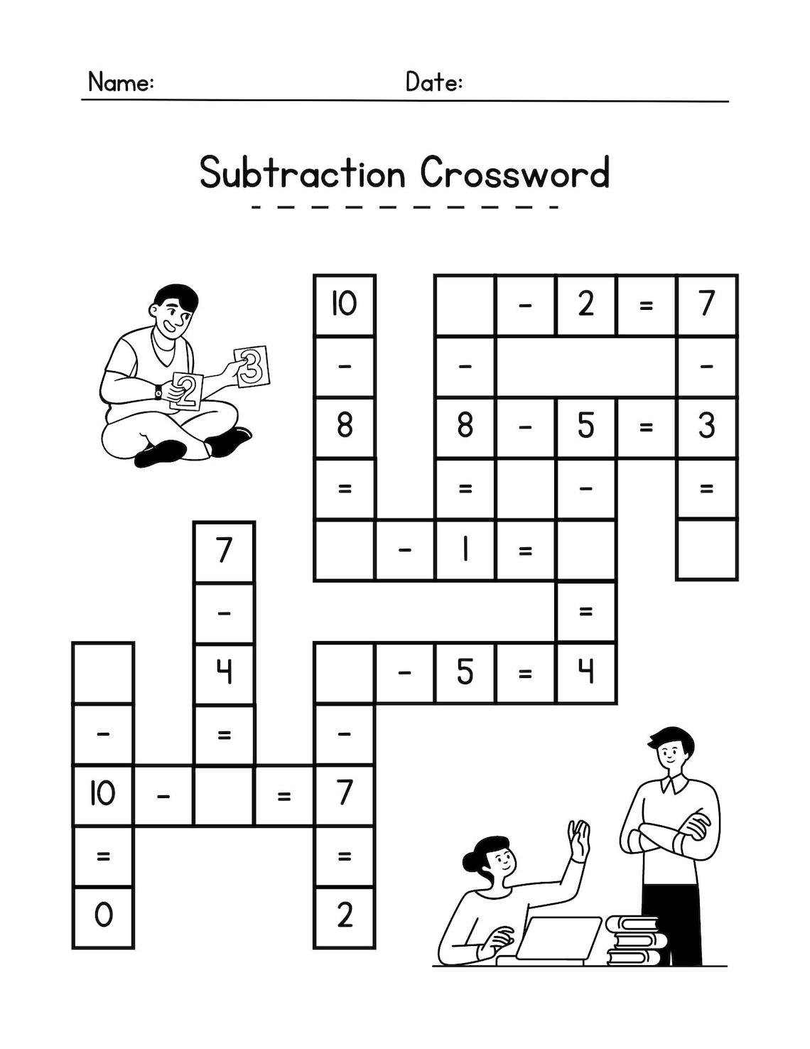 Subtraction Crossword Math Printable Activity - Learn Math Subtraction ...