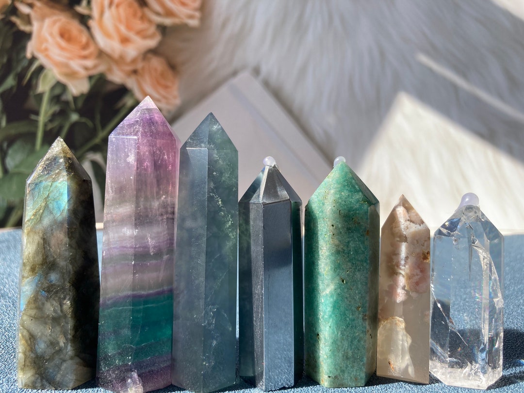 Labradorite Obelisk, Rainbow Fluorite Point, Silver Titanium Quartz ...