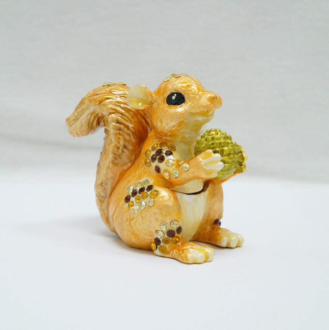 Vintage Orange Gold Squirrel Holding Acorn Jeweled Pewter Trinket 14K ...