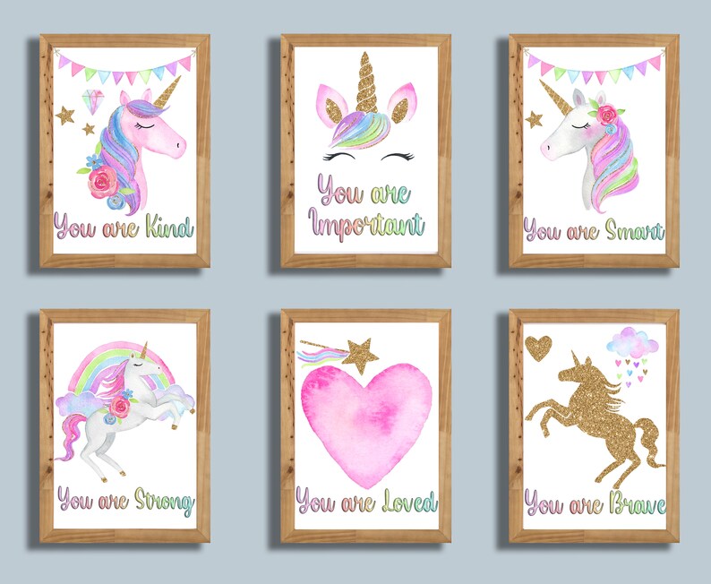 Unicorn Rainbow Motivational Wall Art Decor Set of 6 - Etsy