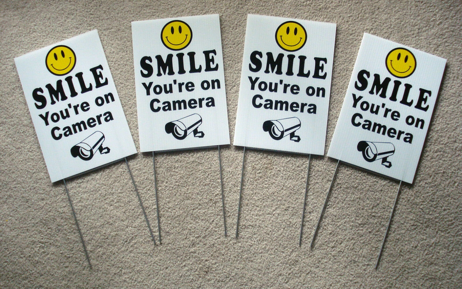 4 Smile You're on Camera Signs 8x12 W/ Stakes Security Surveillance B/y ...