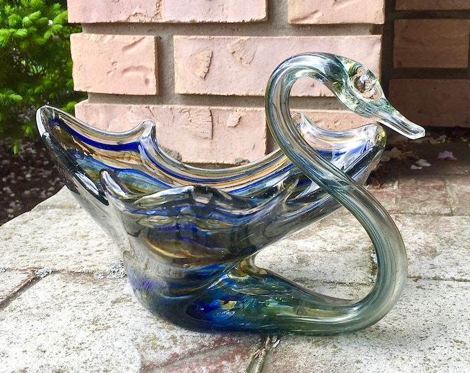 Sooner Art Glass Swan, Blue and Brown Blown Glass Bowl, Arklahoma ...