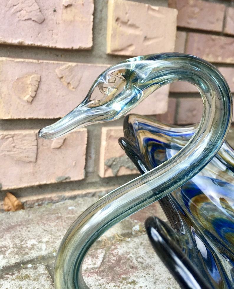 Sooner Art Glass Swan Blue and Brown Blown Glass Bowl | Etsy