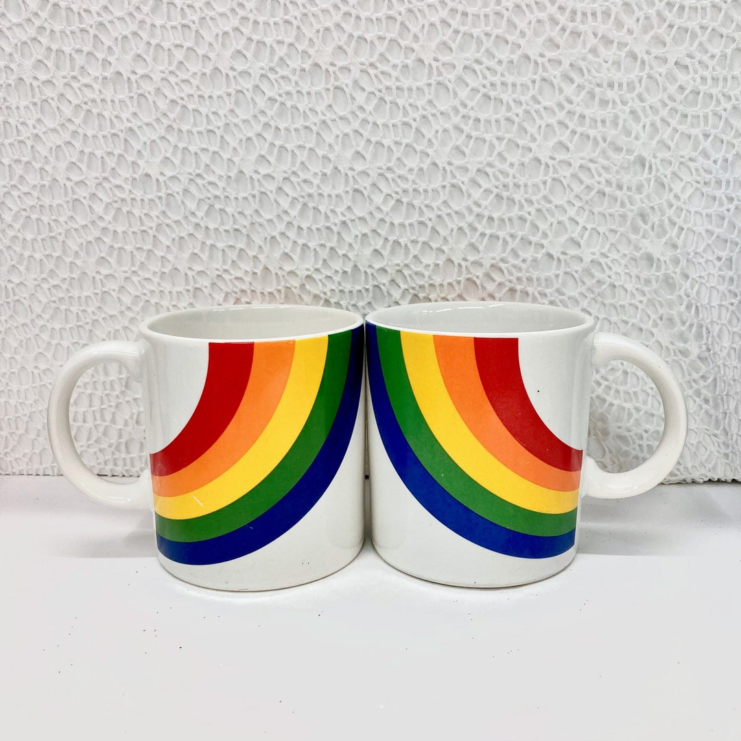 Vintage Rainbow Mugs Coffee Cup Pair 1986 Double Sided Ftd Ftda Korea