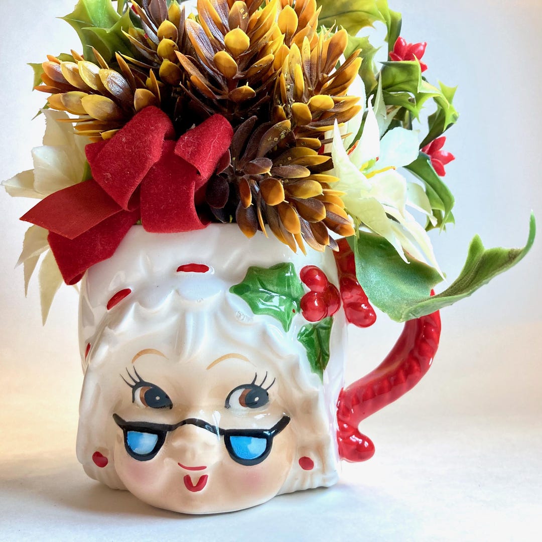 Vintage Lefton Mrs CLAUS Head MUG Christmas Floral Arrangement Table ...