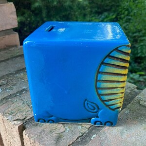 Happy Lion Cube Bank, Retro Turquoise and Yellow Coin Saver, Sunburst ...