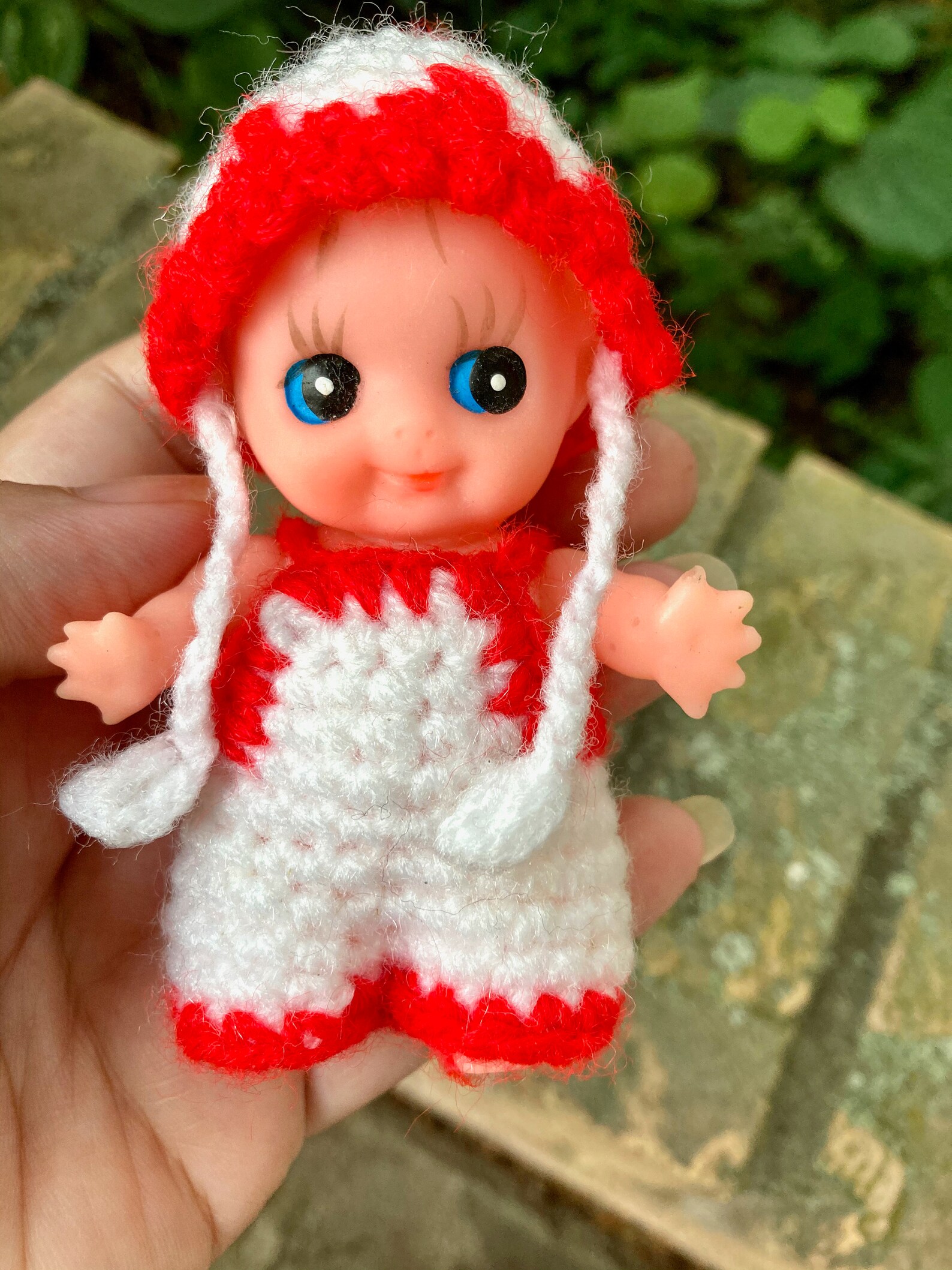 Kewpie Doll in Crocheted Outfit and Hat, Plastic or Rubber Toy Figurine ...