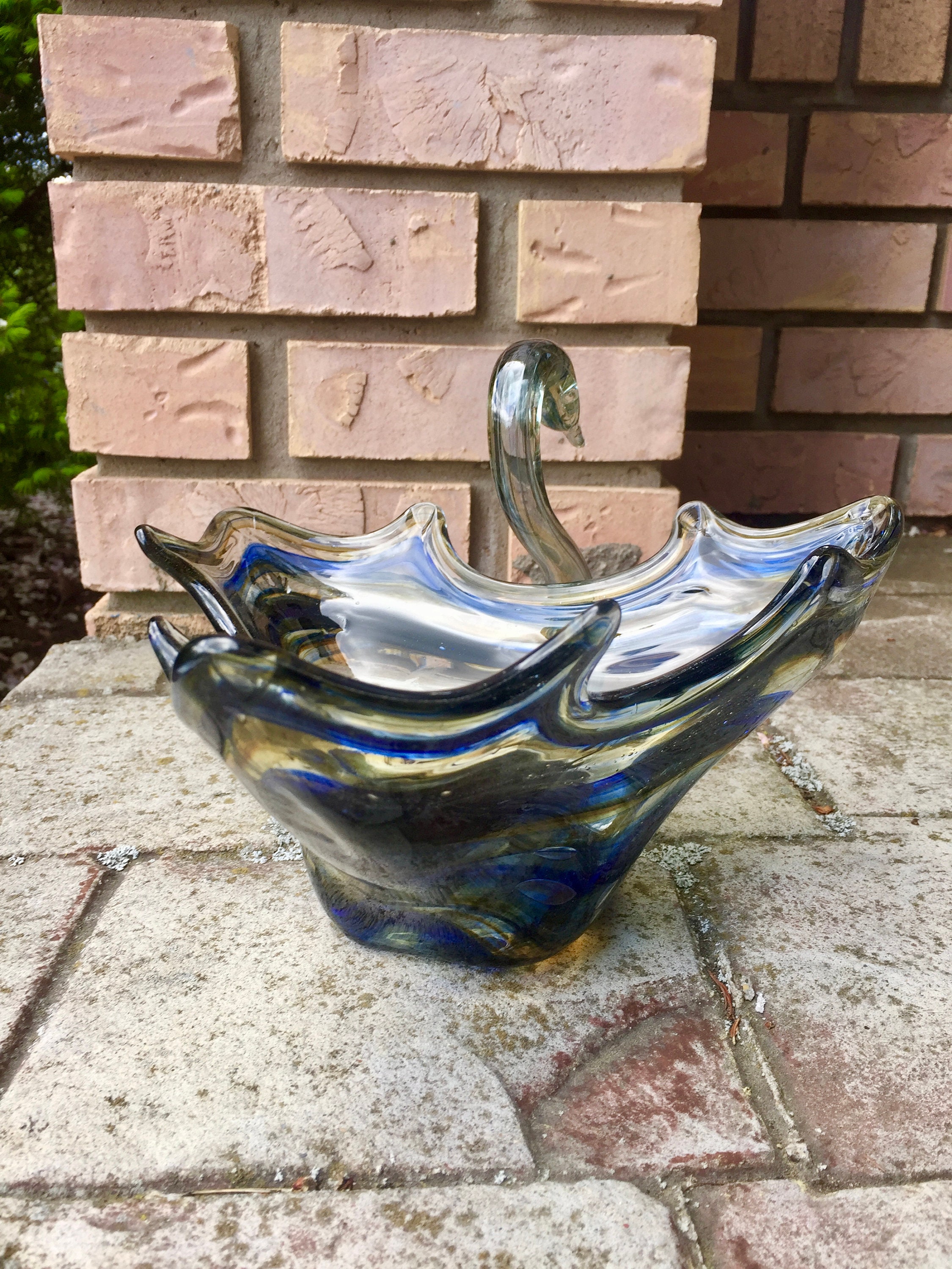 Sooner Art Glass Swan Blue and Brown Blown Glass Bowl | Etsy