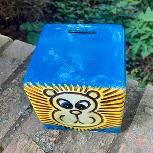 Happy Lion Cube Bank, Retro Turquoise and Yellow Coin Saver, Sunburst ...