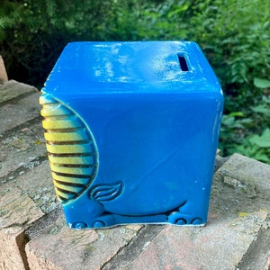 Happy Lion Cube Bank, Retro Turquoise and Yellow Coin Saver, Sunburst ...