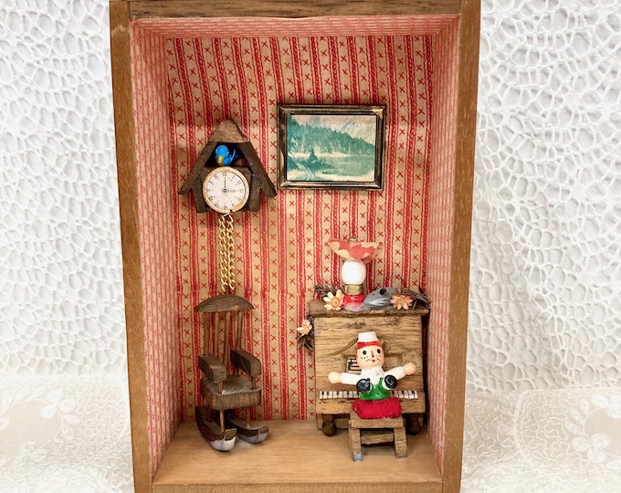 Vintage Folk Art Wood 3D Diorama Shadow Box Wall Hanging Still Life 7"× ...