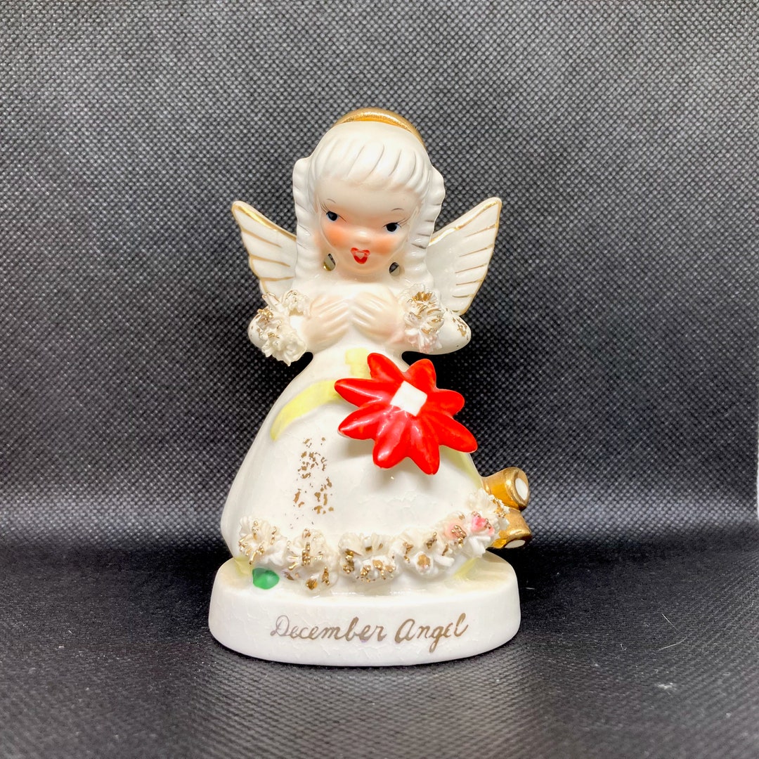 Vintage Napco December Angel Figurine Red Poinsettia Christmas Flower S ...
