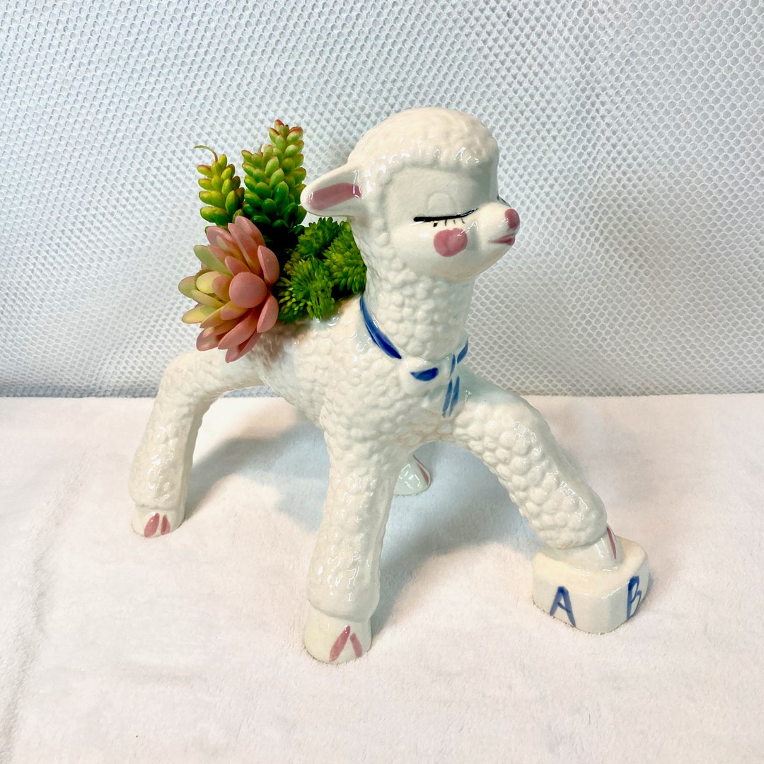 Large Ceramic Lamb Planter Vintage, Pink Cheeks Closed Eyes Long Legs ...