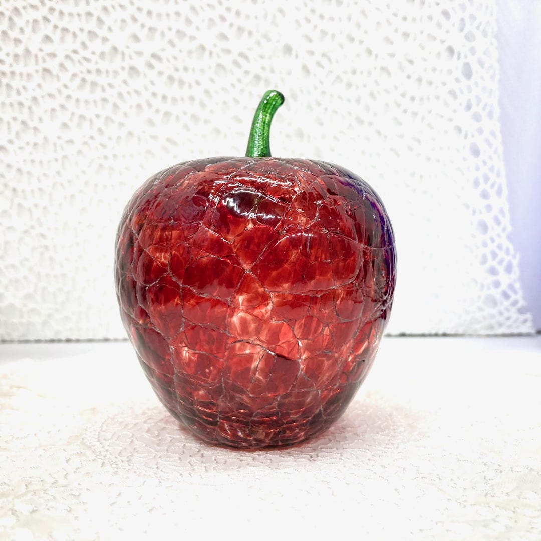 Vintage Crackle Apple Art Glass Paperweight, Red Fruit Shaped Blown ...
