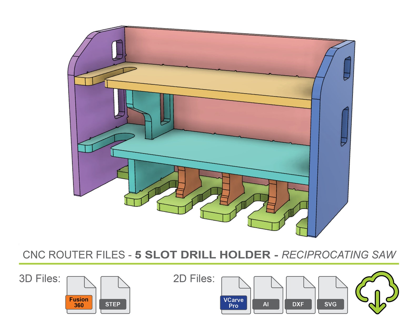 CNC Files for Wood Cordless Drill Holder Station - 5 Slot Drill Holder ...