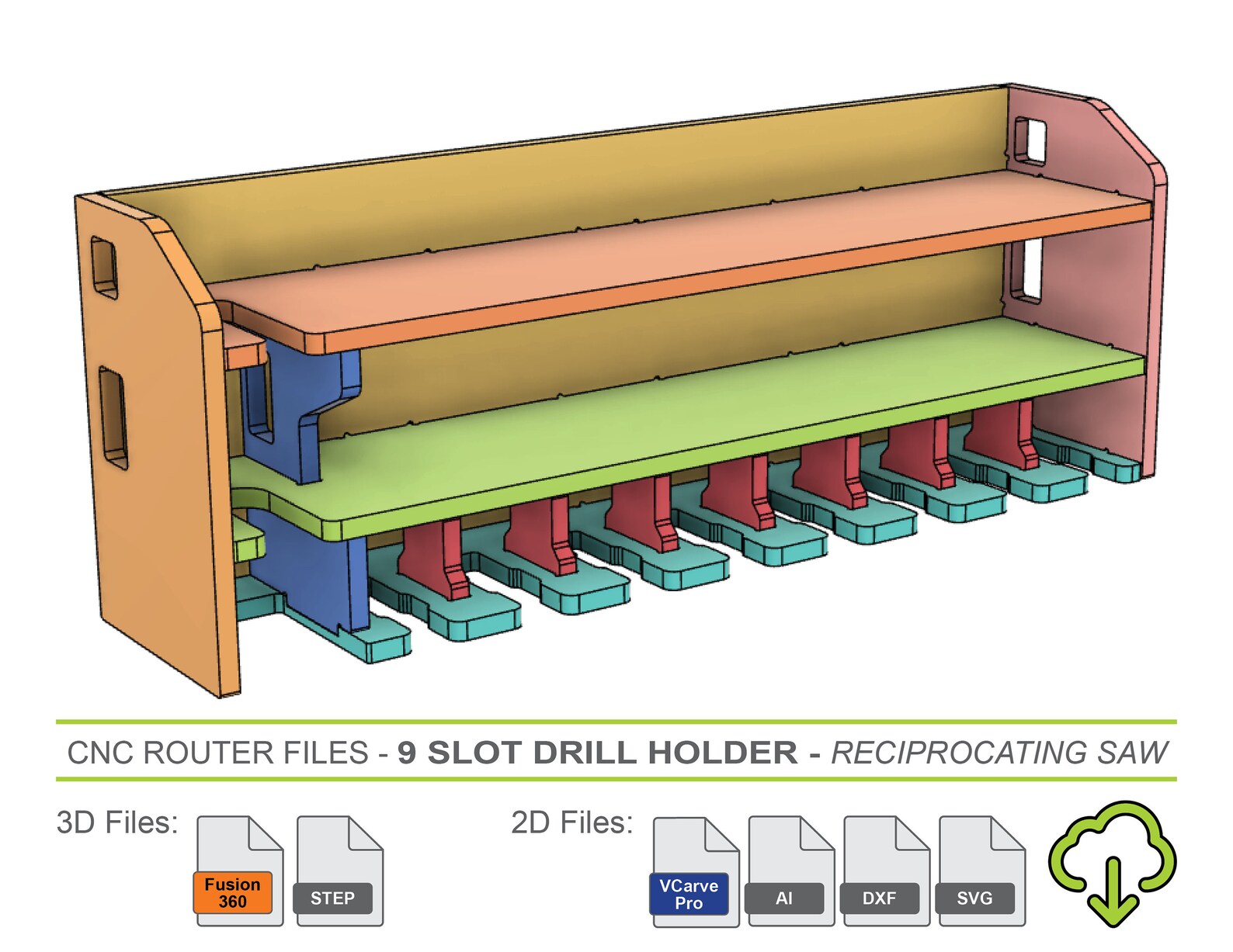 CNC Files for Wood Cordless Drill Holder Station - 9 Slot Drill Holder ...