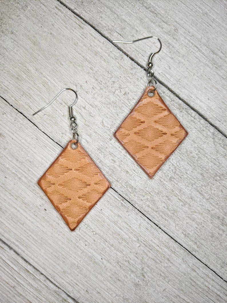 Stamped Leather Earrings Small Diamond Aztec Tribal Print | Etsy