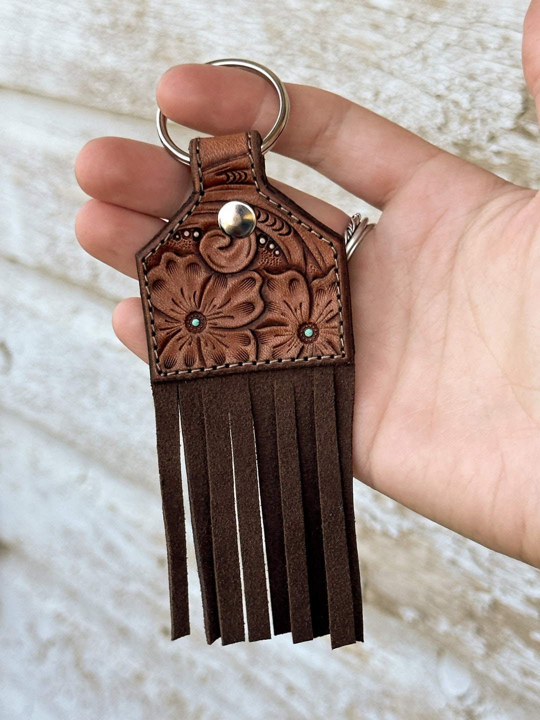 Tooled Leather Flower Keychain With Fringe Country Western Style ...