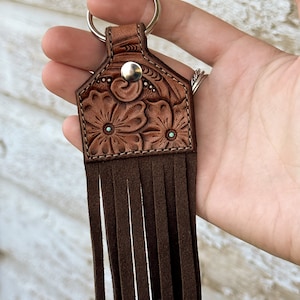 Tooled Leather Flower Keychain With Fringe - Country Western Style ...