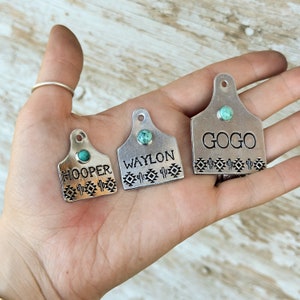 Custom Pet ID Tag With Turquoise - Southwestern Aztec Cactus Cattle Ear ...