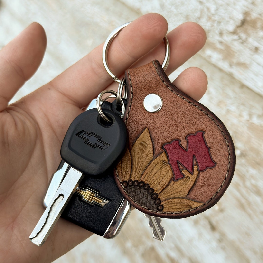 Tooled Leather Monogram Sunflower Painted Keychain - Country Western ...