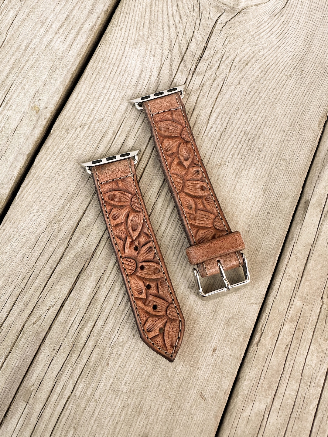 Handmade Sunflowers Tooled Leather Smart Watch Band: Country Western ...