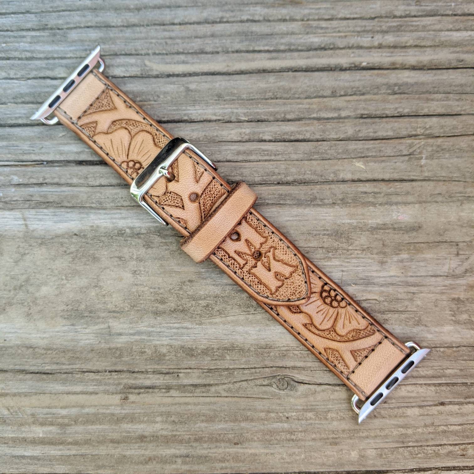 Personalized Tooled Leather Smart Watch Band With Initials | Etsy