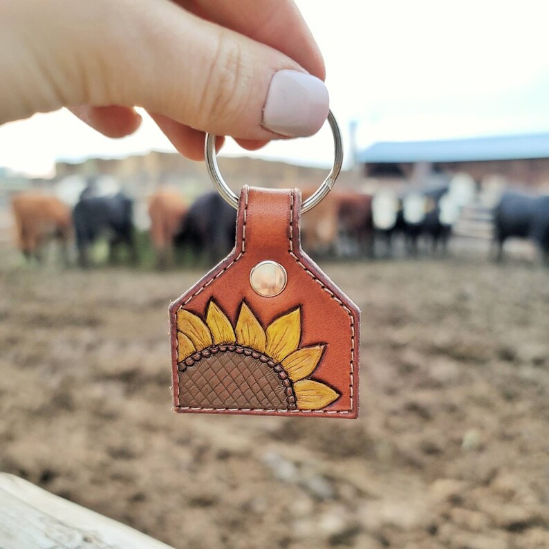 Tooled Leather Sunflower Ear Tag Painted Keychain Country - Etsy