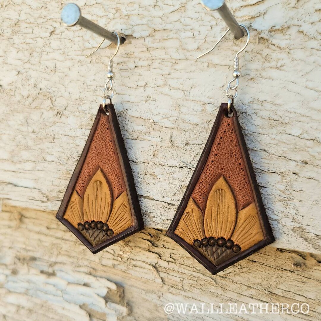 Kite Sunflower Tooled & Painted Leather Earrings - Etsy