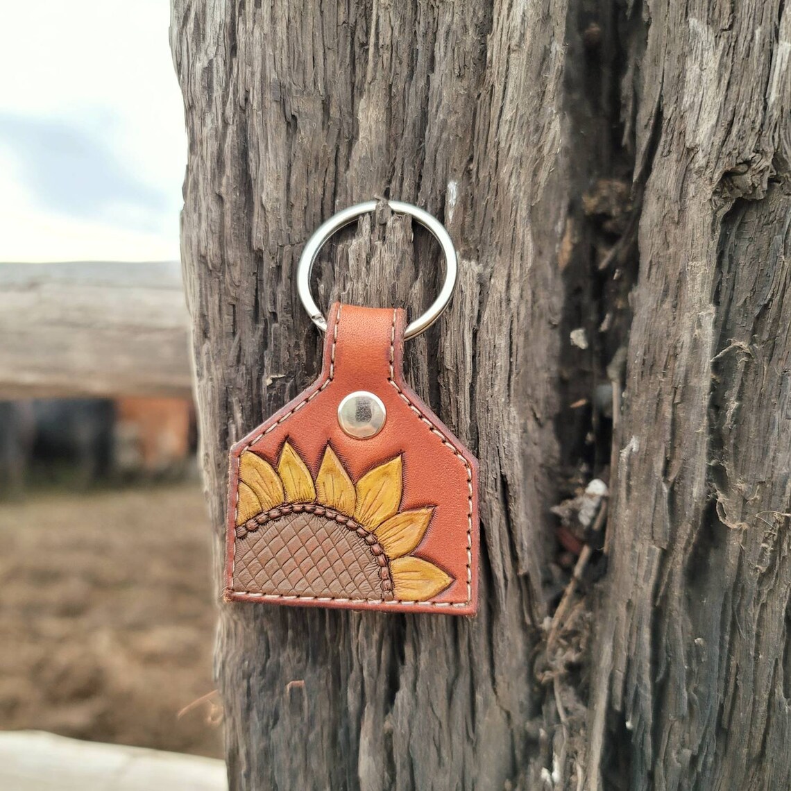 Tooled Leather Sunflower Ear Tag Painted Keychain Country - Etsy