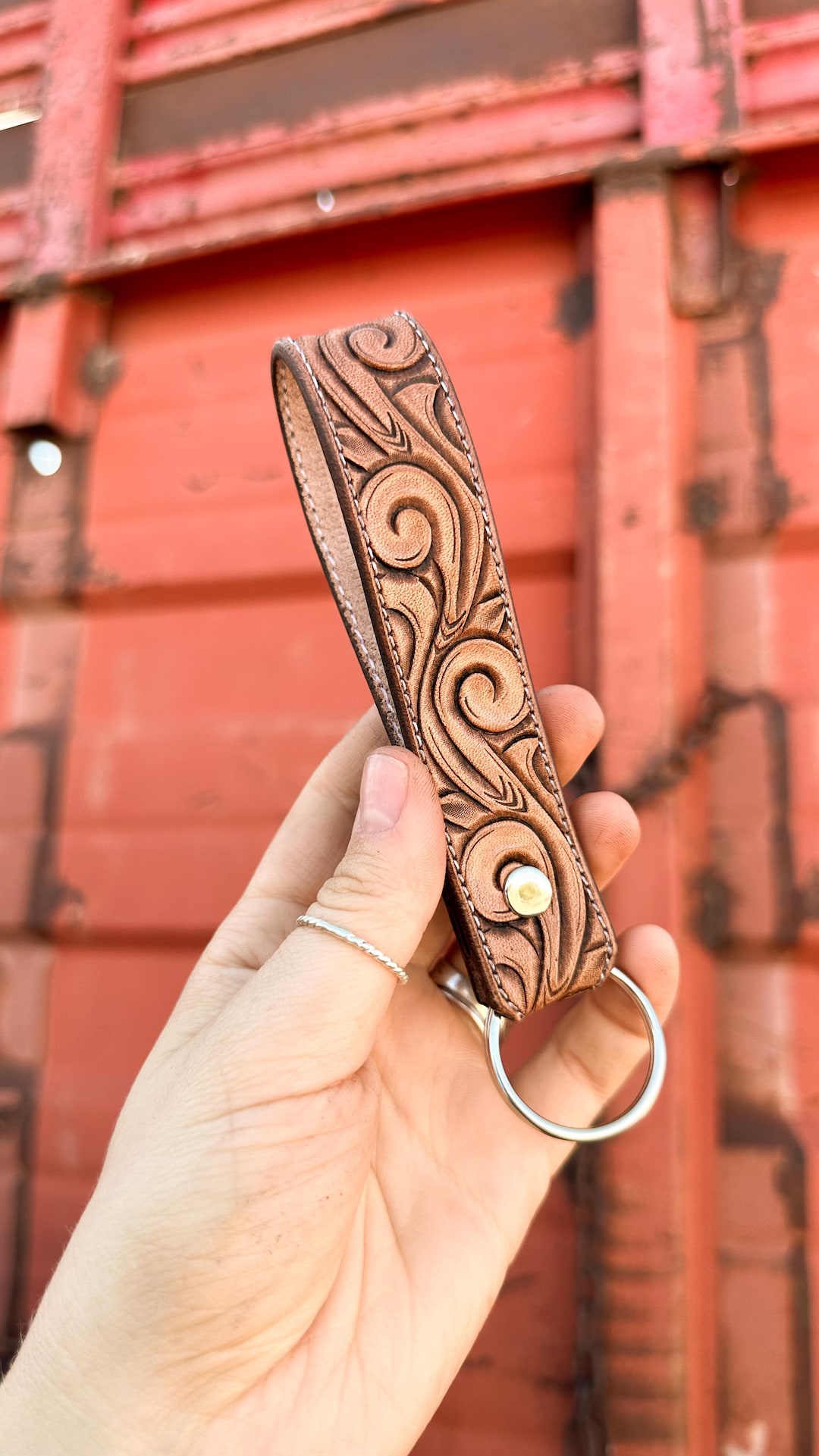 Tooled Leather Scrollwork Keychain - Country Western Style - Handmade ...