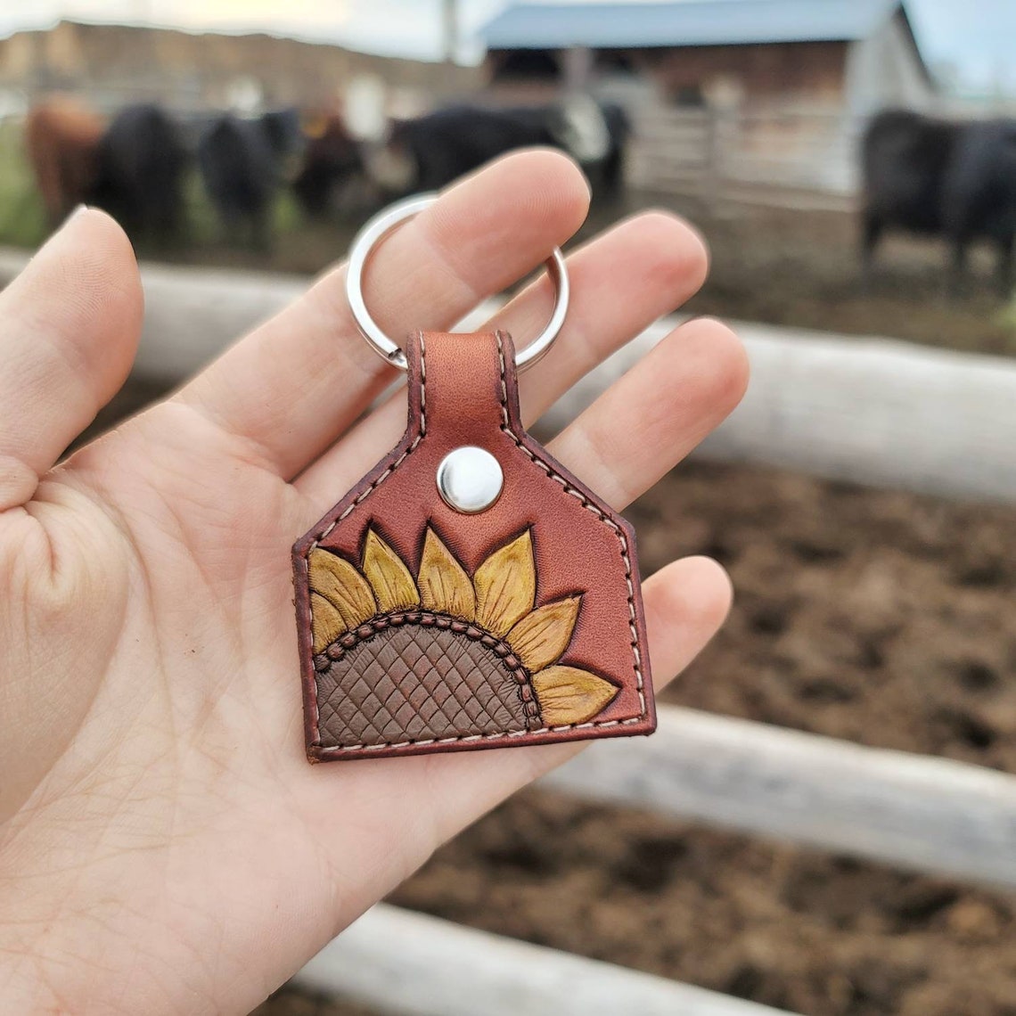 Tooled Leather Sunflower Ear Tag Painted Keychain Country - Etsy