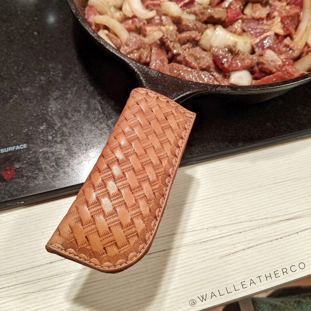 Tooled Leather Cast Iron Pan Handle Cover - Country & Western Kitchen ...