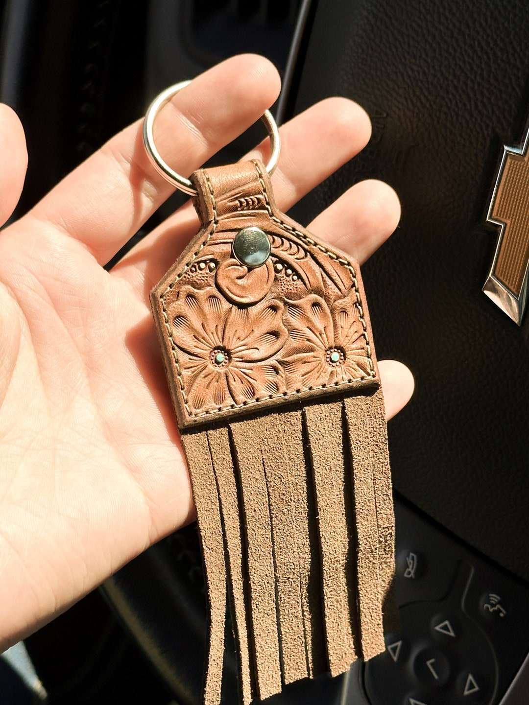 Tooled Leather Flower Keychain With Fringe - Country Western Style ...