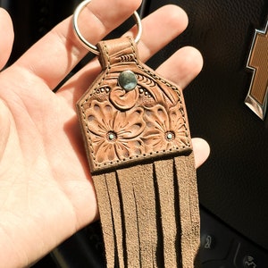 Tooled Leather Flower Keychain With Fringe - Country Western Style ...