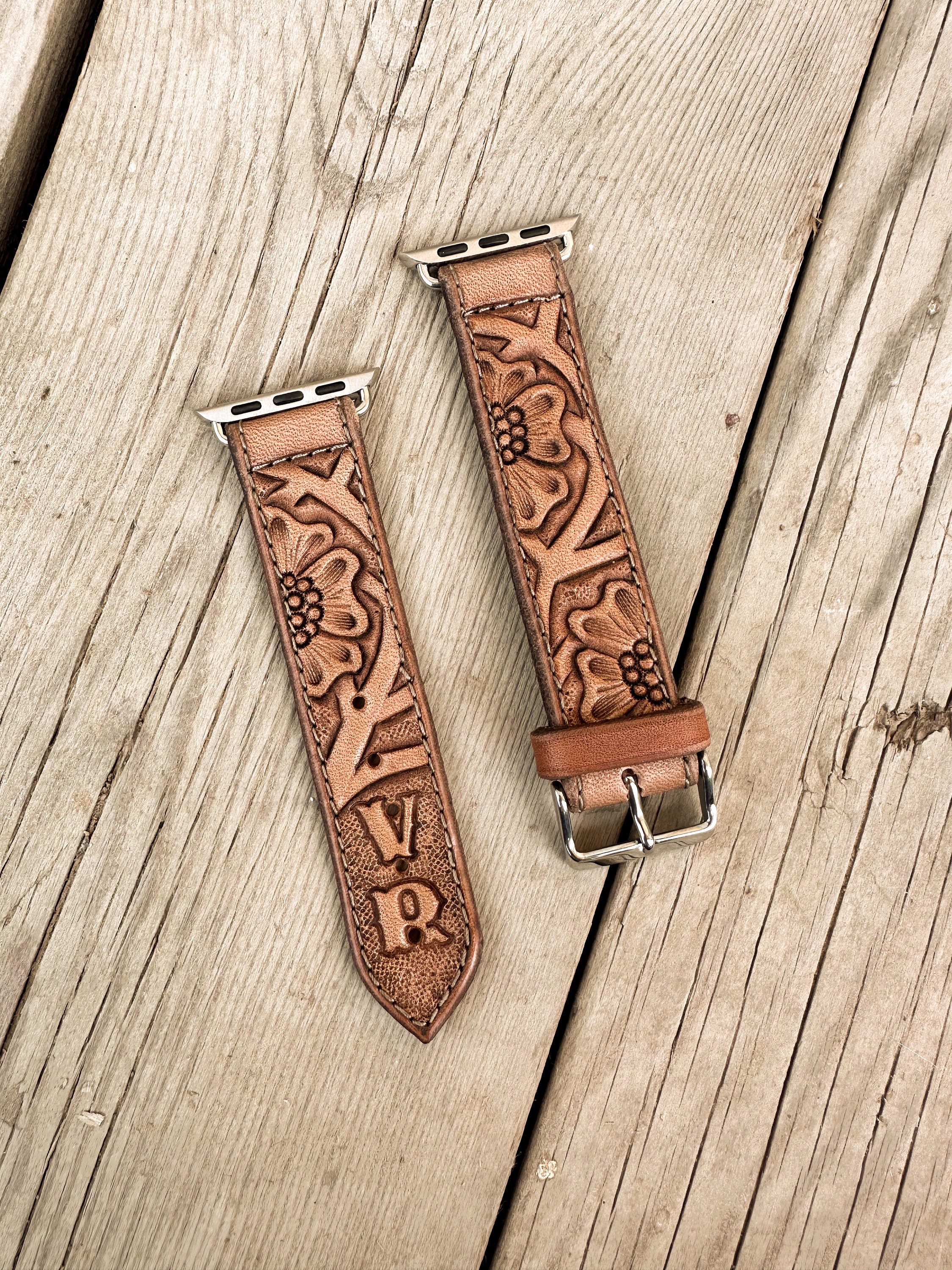 Personalized Tooled Leather Smart Watch Band With Initials - Customized ...