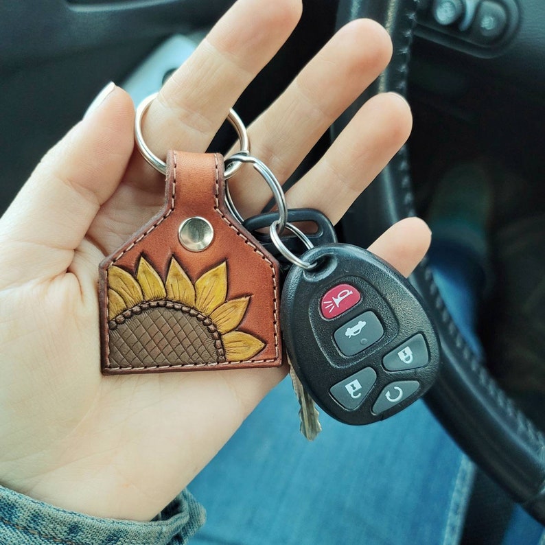 Tooled Leather Sunflower Ear Tag Painted Keychain Country - Etsy
