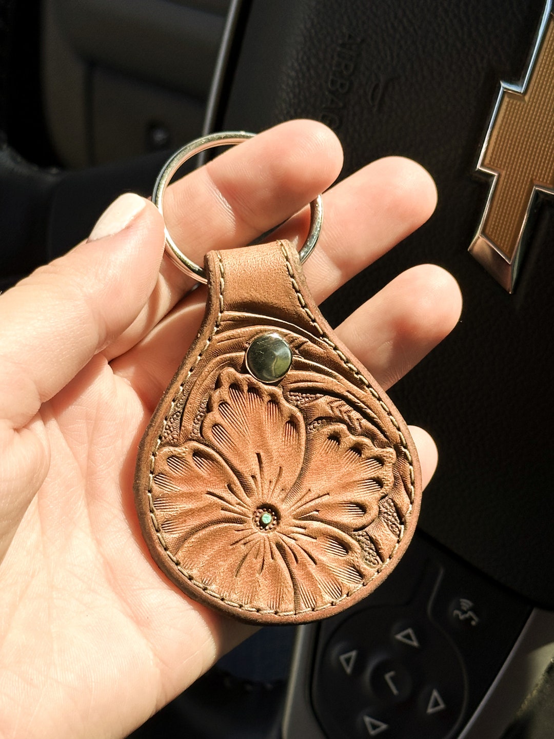 Tooled Leather Scrollwork Flower Keychain - Country Western Style ...