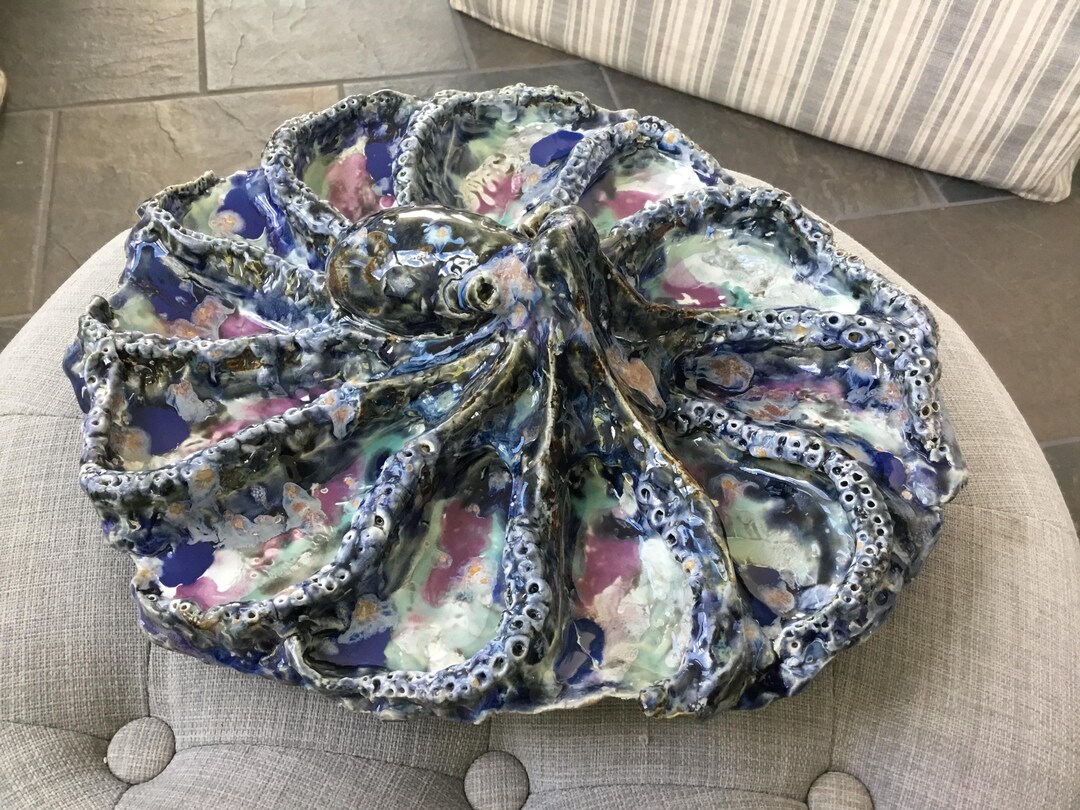 PEACOCK OCTOPUS SWIRLING Hand-carved Ceramic Stoneware Oyster Plate - Etsy