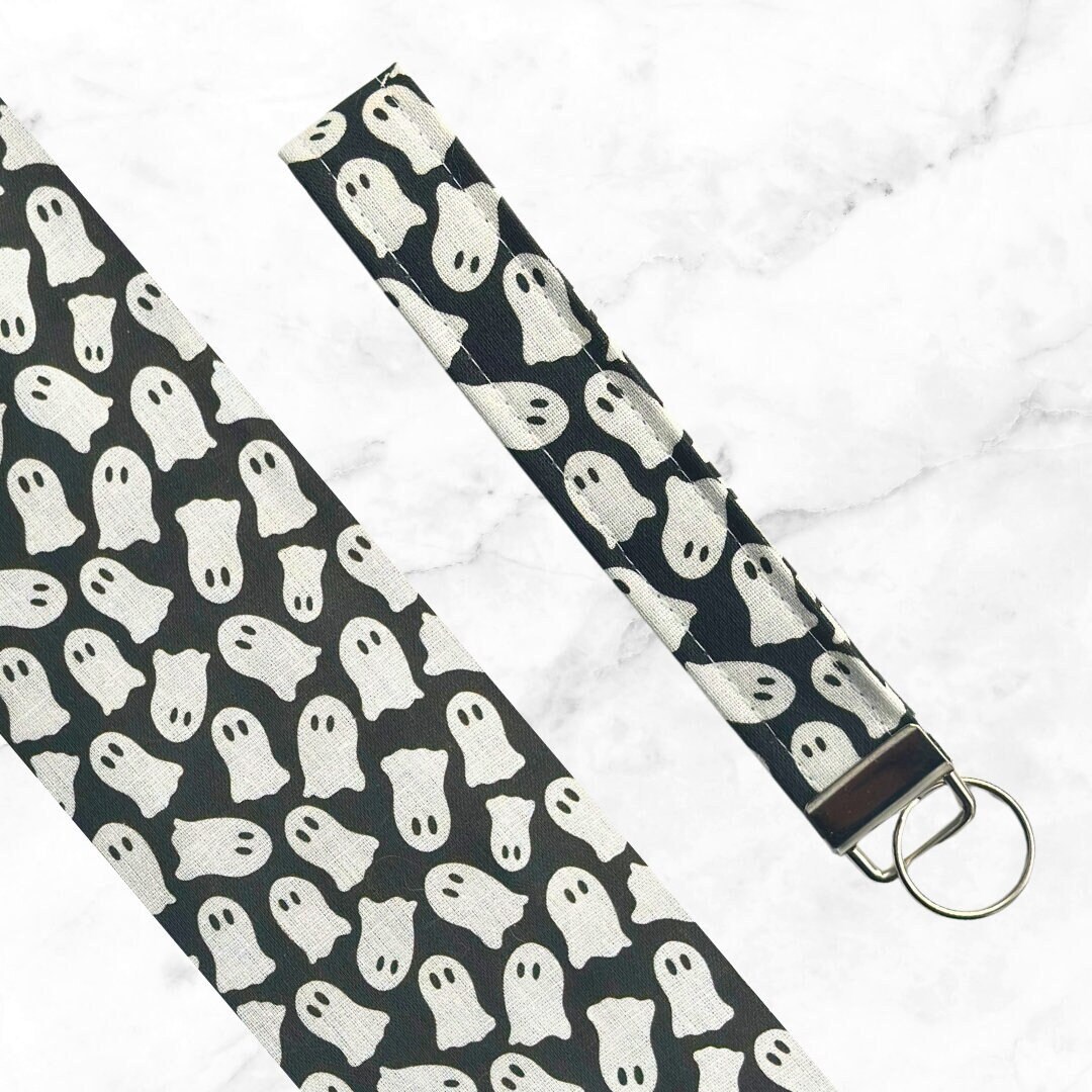 Cute Black and White Halloween Ghost Keychain Wristlet Key Fob Key ...