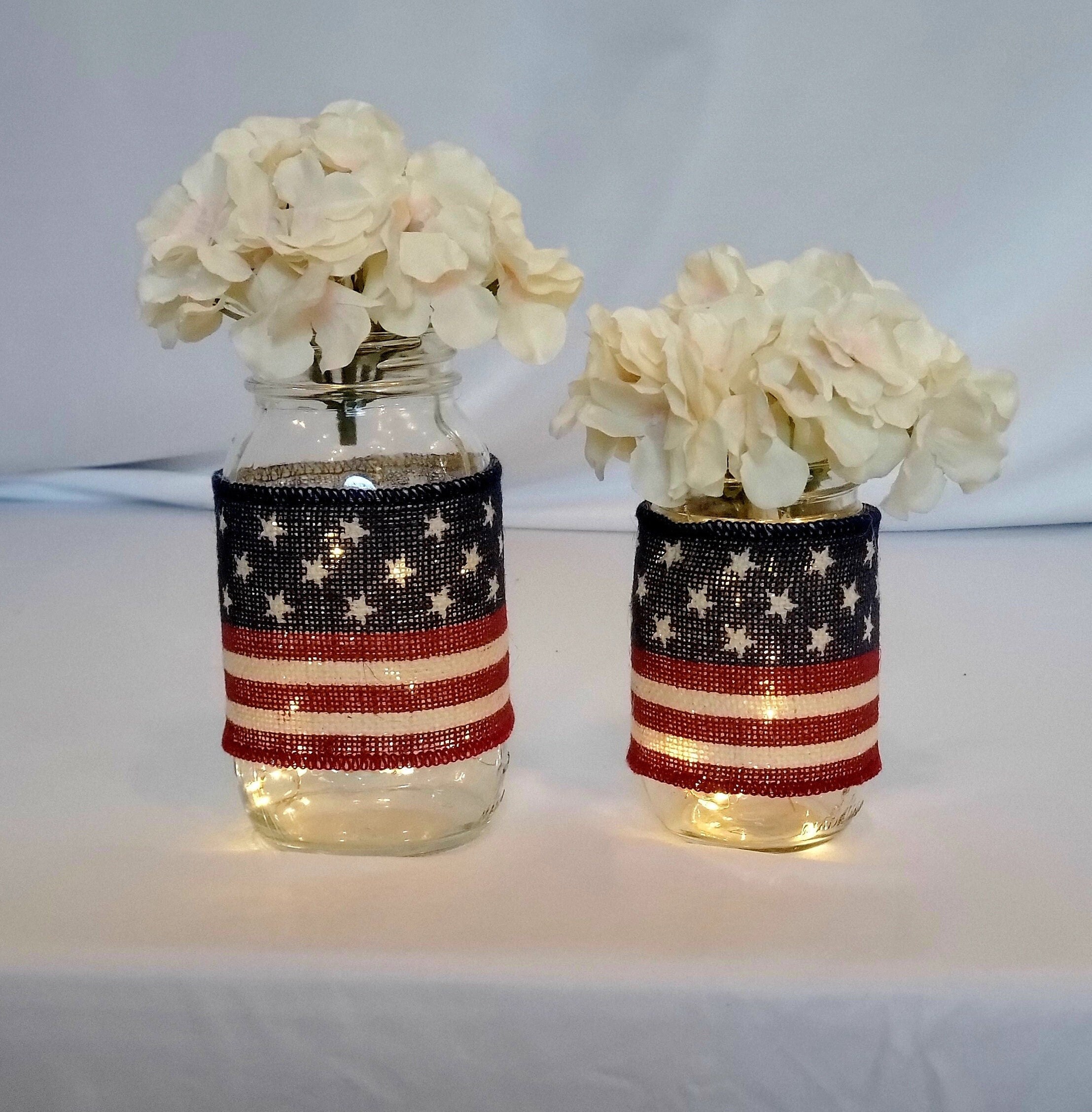 Patriotic Lighted Mason Jar Duo Centerpiece Floral Arrangement - Etsy