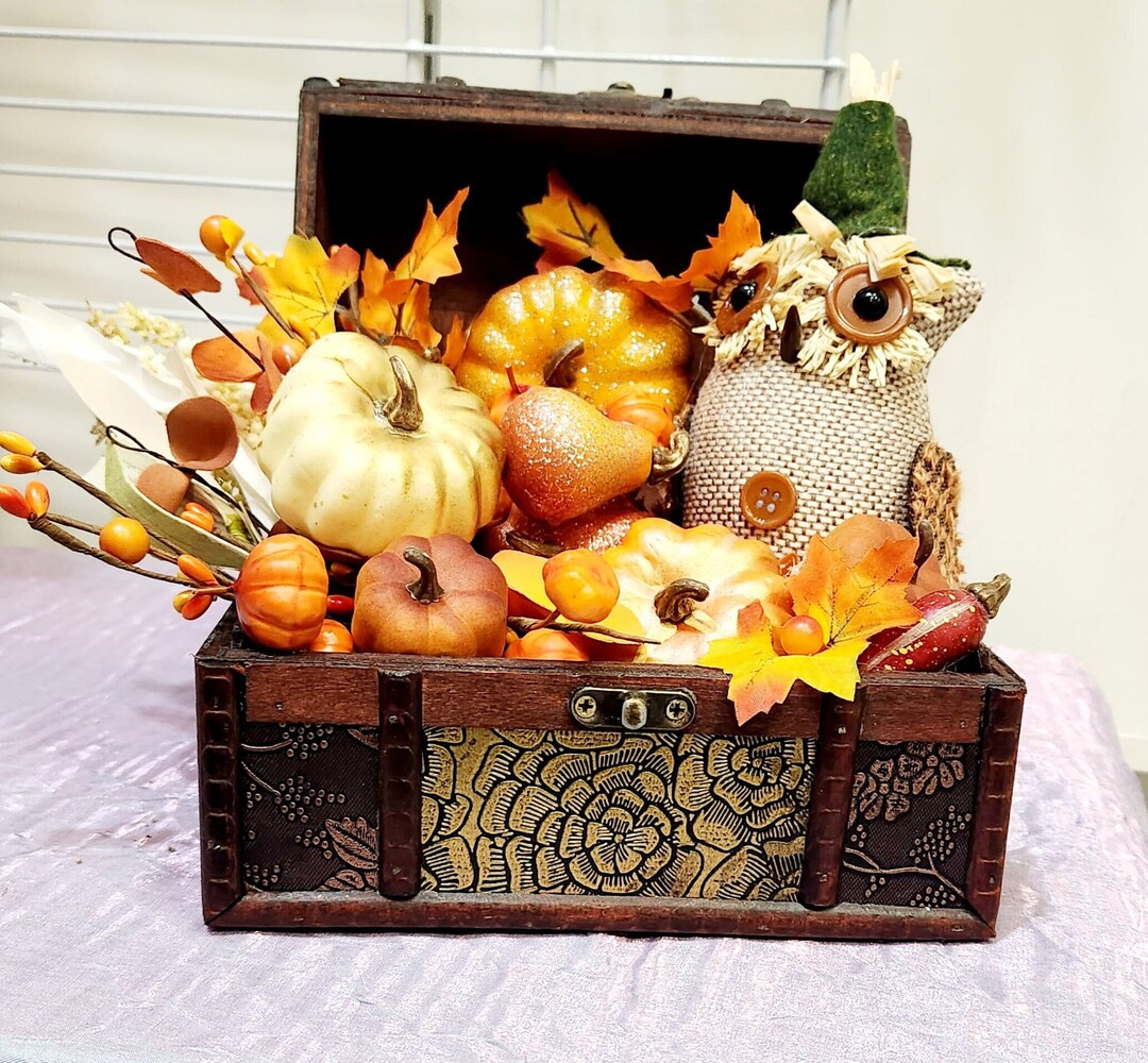 Owl in Treasure Chest Filled With Fall Pumpkins, Leaves and Foliage - Etsy