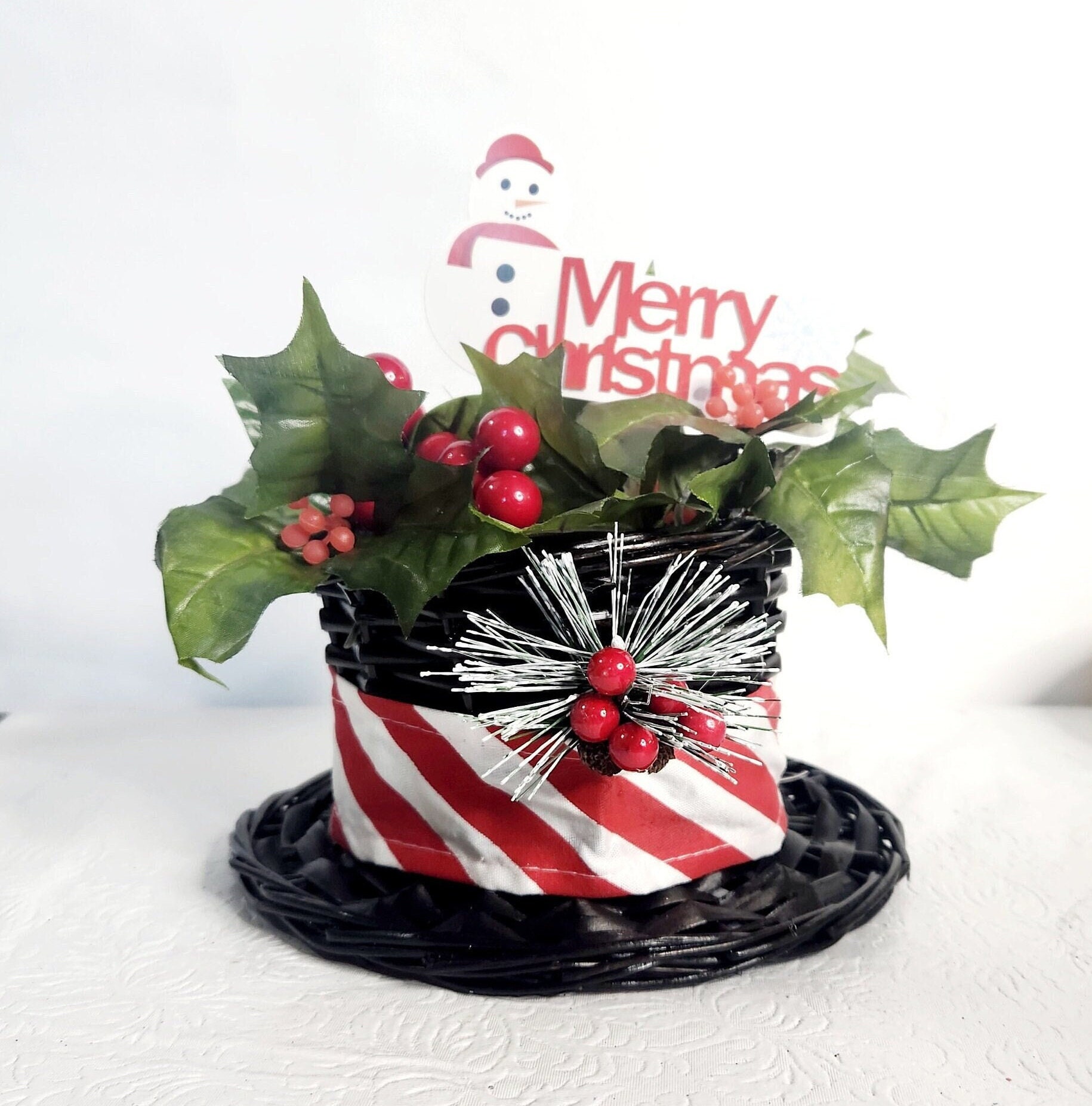 Christmas Silk Flower Arrangement Snowman Hat - Etsy