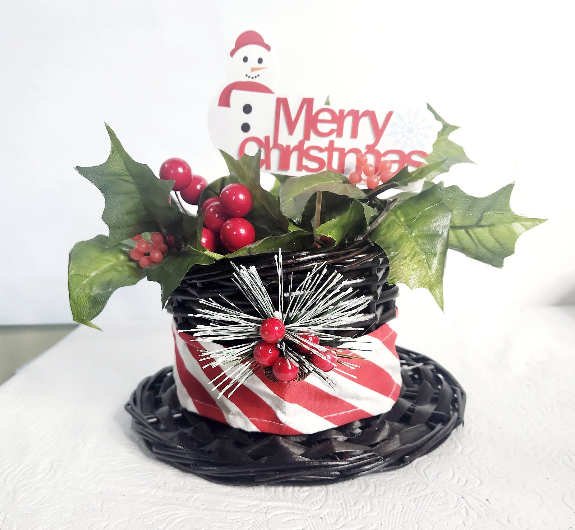 Christmas Silk Flower Arrangement Snowman Hat - Etsy