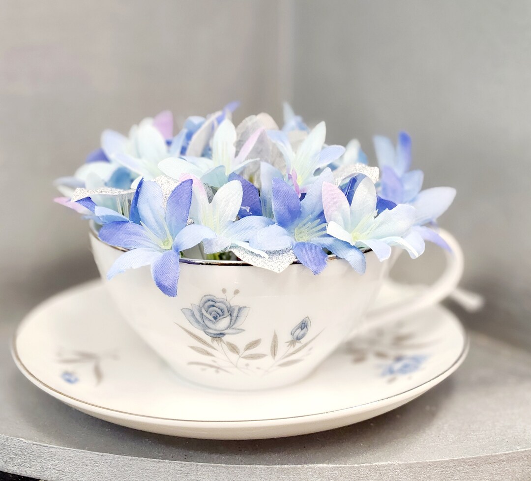 Teacup Full of Flowers Blue and Silver With or Without White Roses ...