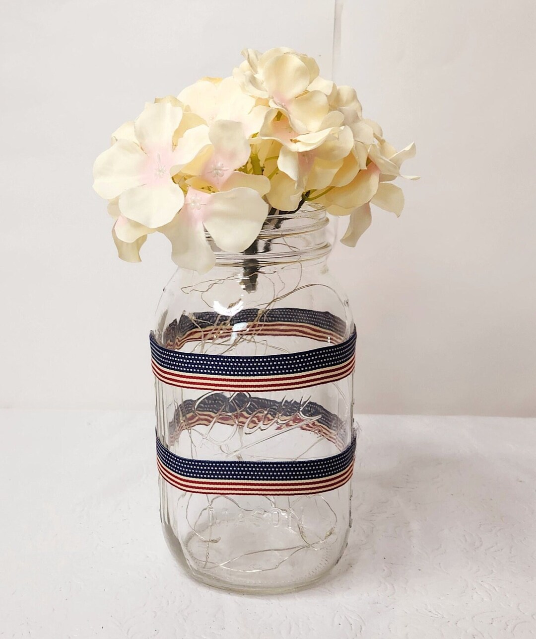 Patriotic Lighted Mason Jar Centerpiece: Hydrangea & Fairy Lights - Etsy