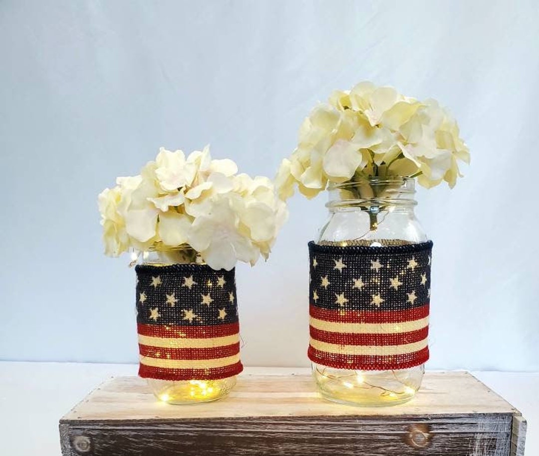 Patriotic Lighted Mason Jar Duo Centerpiece Floral Arrangement Fairy ...