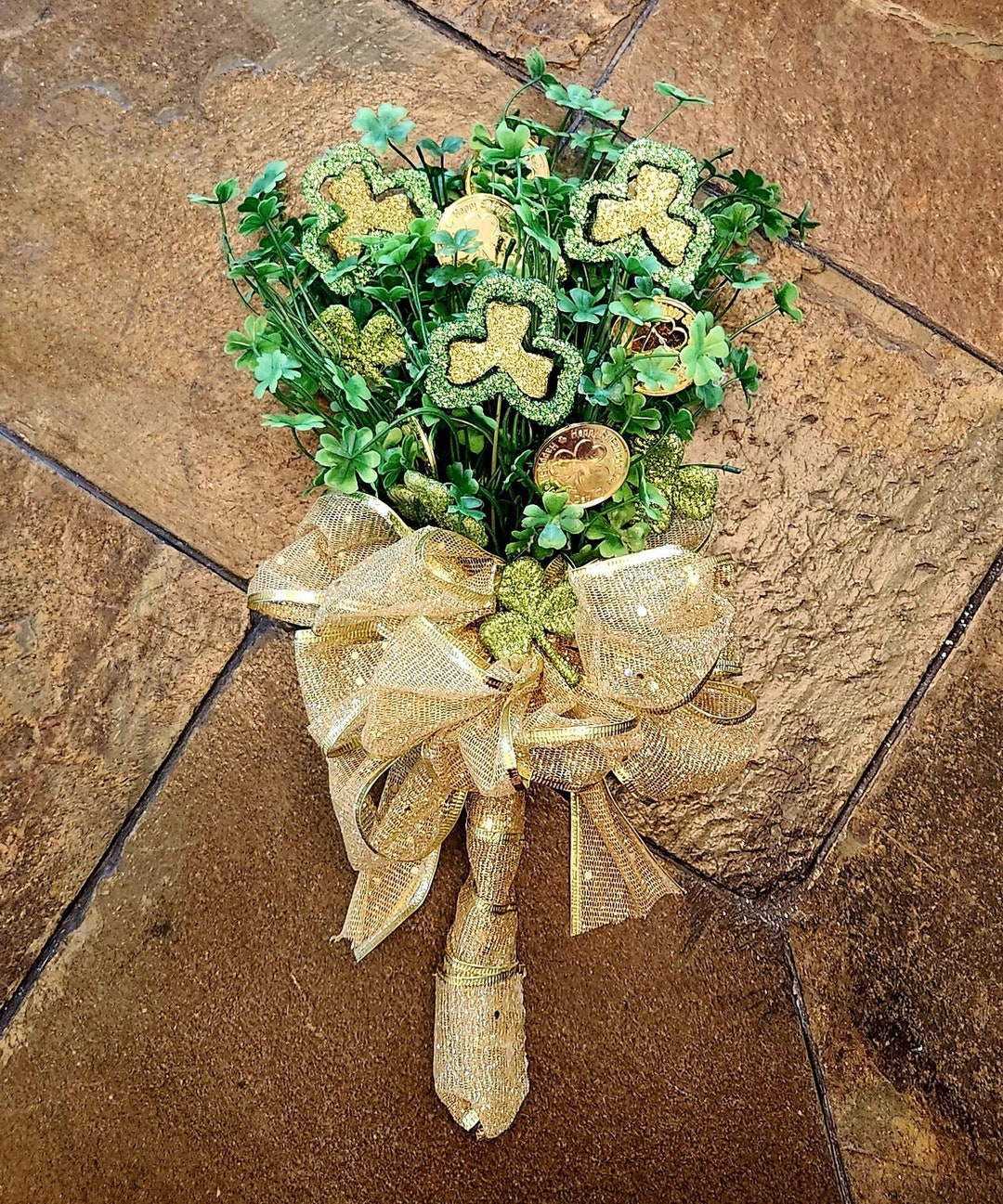 Mausoleum Irish Silk Flower Arrangement Glittery Shamrocks and Gold ...