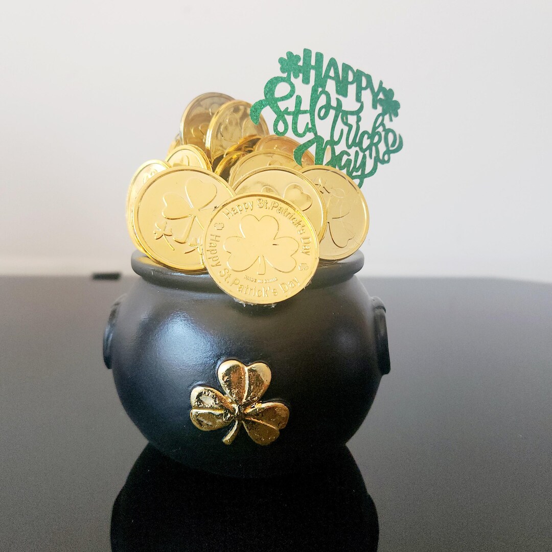 Good Luck Pot of Gold Coins in Black Cauldren With Removable St ...